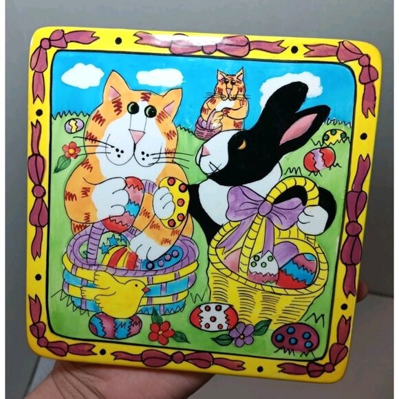 Accents | Catzilla Candace Reiter Tile Trivet Easter Cat And Rabbit ...